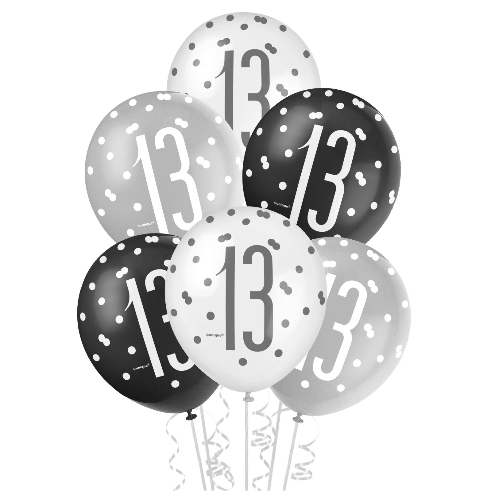 Black, Silver & White Assorted 13th Birthday Balloons (Pack of 6 ...