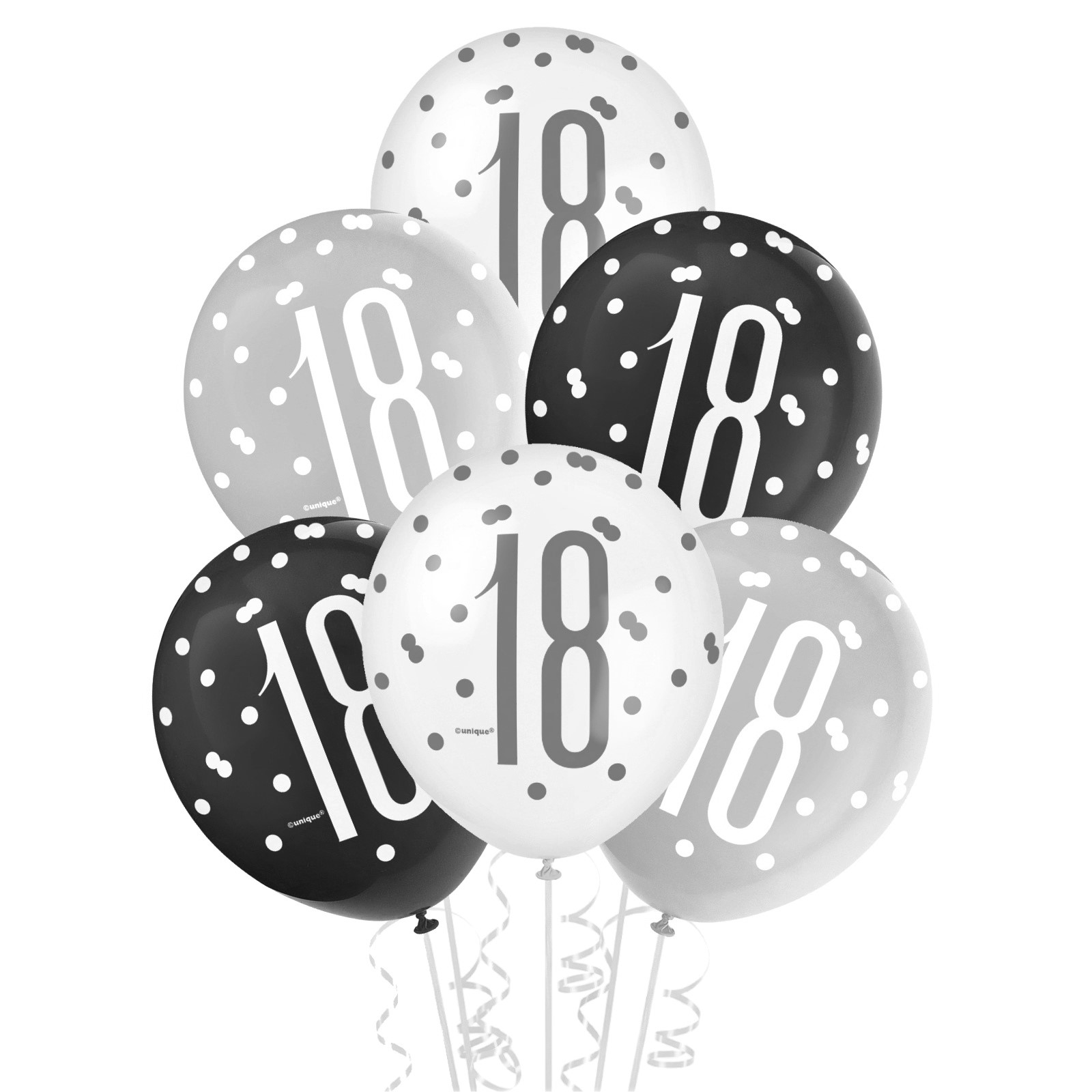 Black, Silver and White Assorted 18th Birthday Balloons (Pack of 6 ...