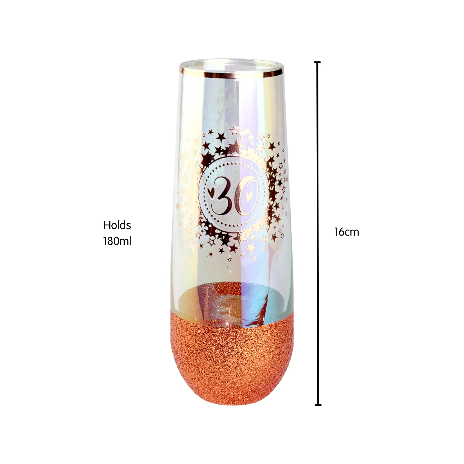 30th Birthday Rose Gold Glitter and Iridescent Stemless Champagne Glass ...