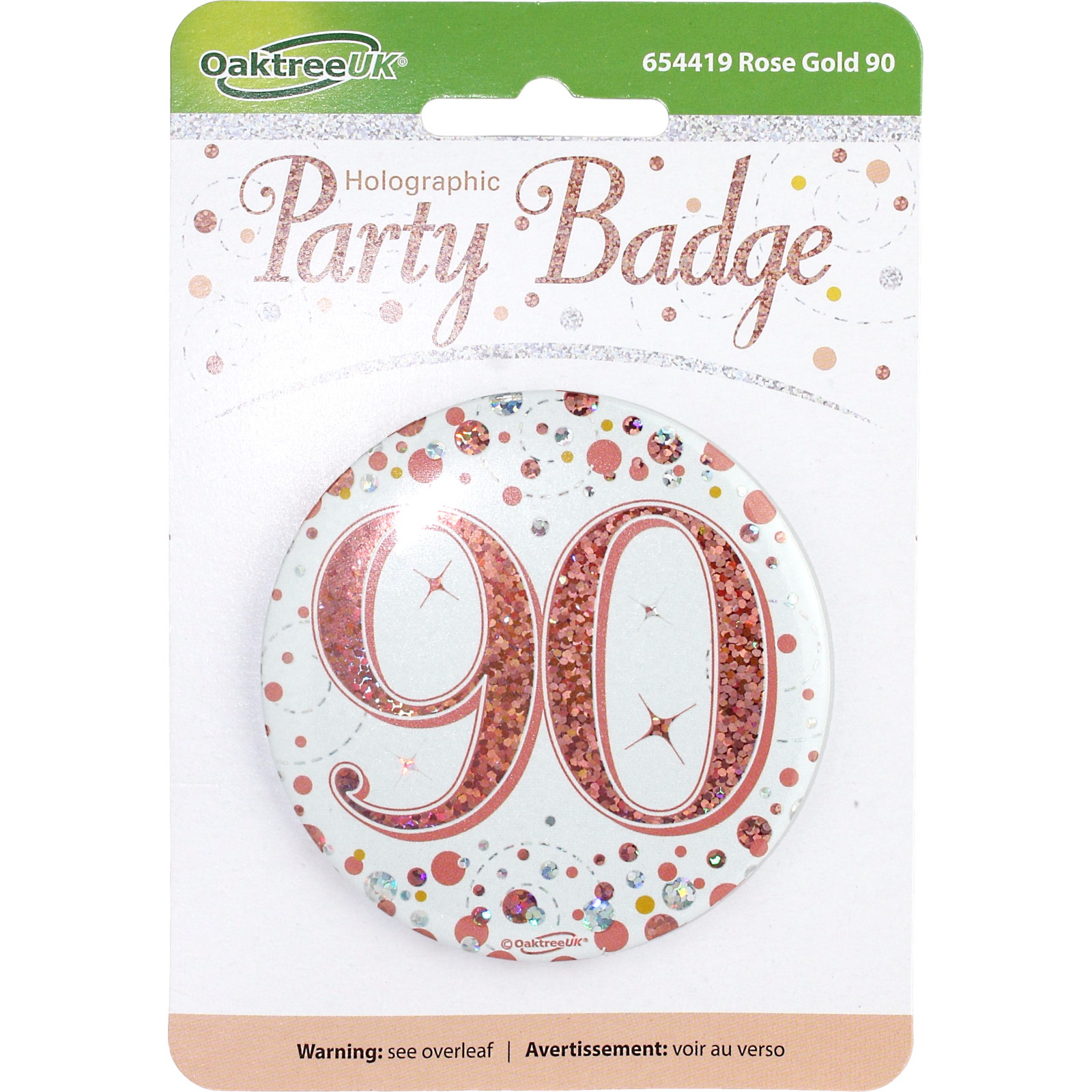 Sparkling Fizz Rose Gold 90th Holographic Badge - Discount Party Supplies
