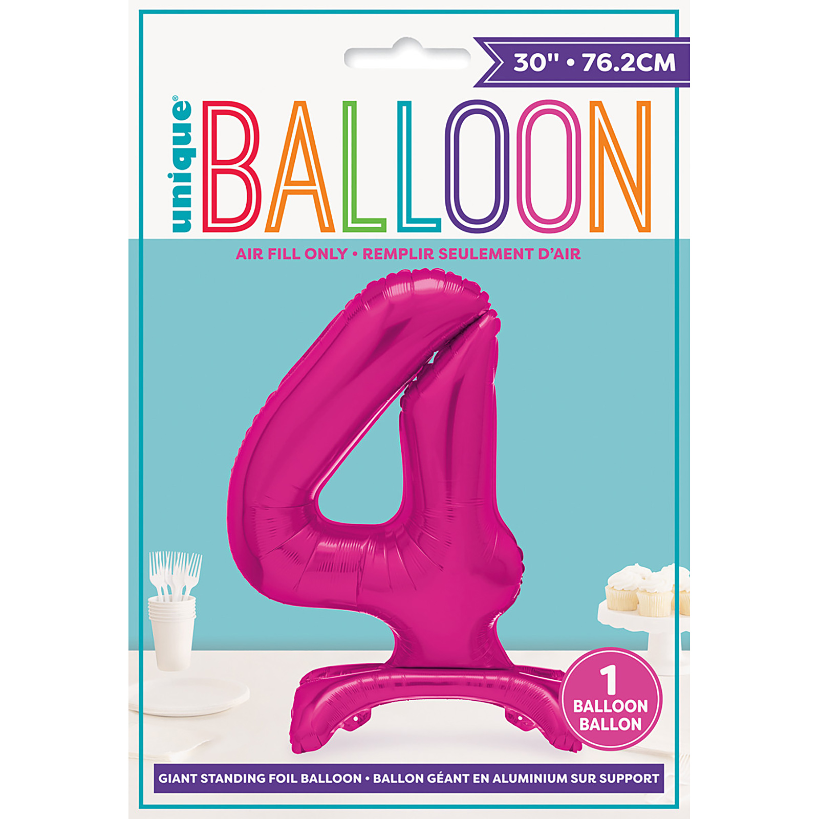 Hot Pink Number 4 Stand Up Air Fill Balloon 76cm | Hot Pink Coloured ...