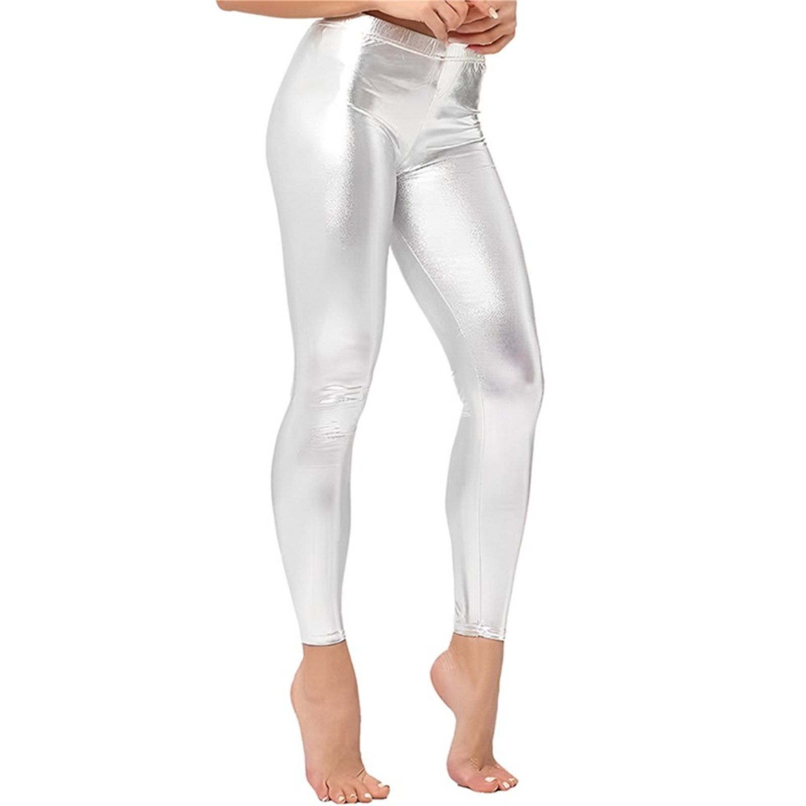 Adult Silver 80's Metallic Footless Leggings - Discount Party Supplies