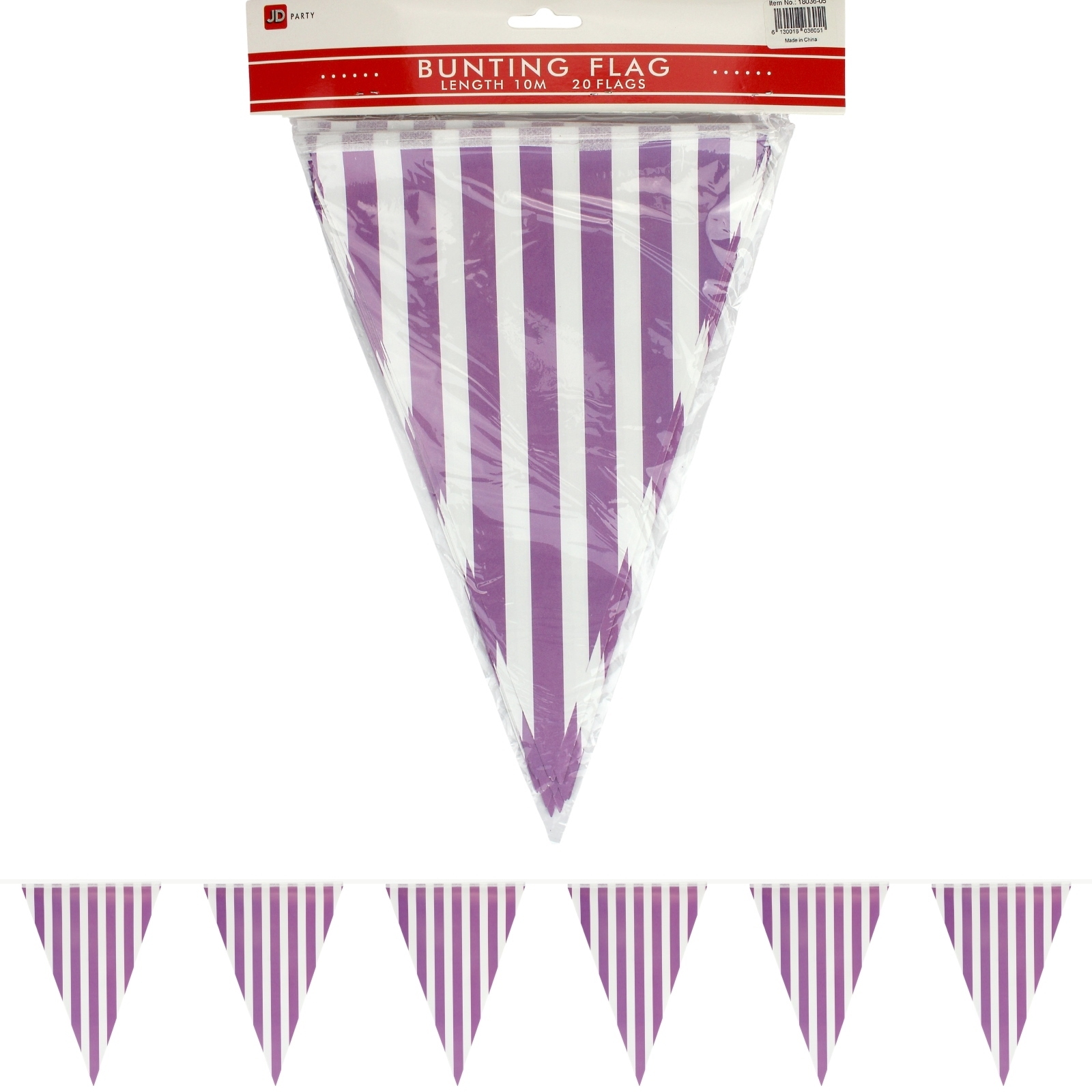 Purple and White Striped Paper Flag Banner (10m) - Discount Party Supplies