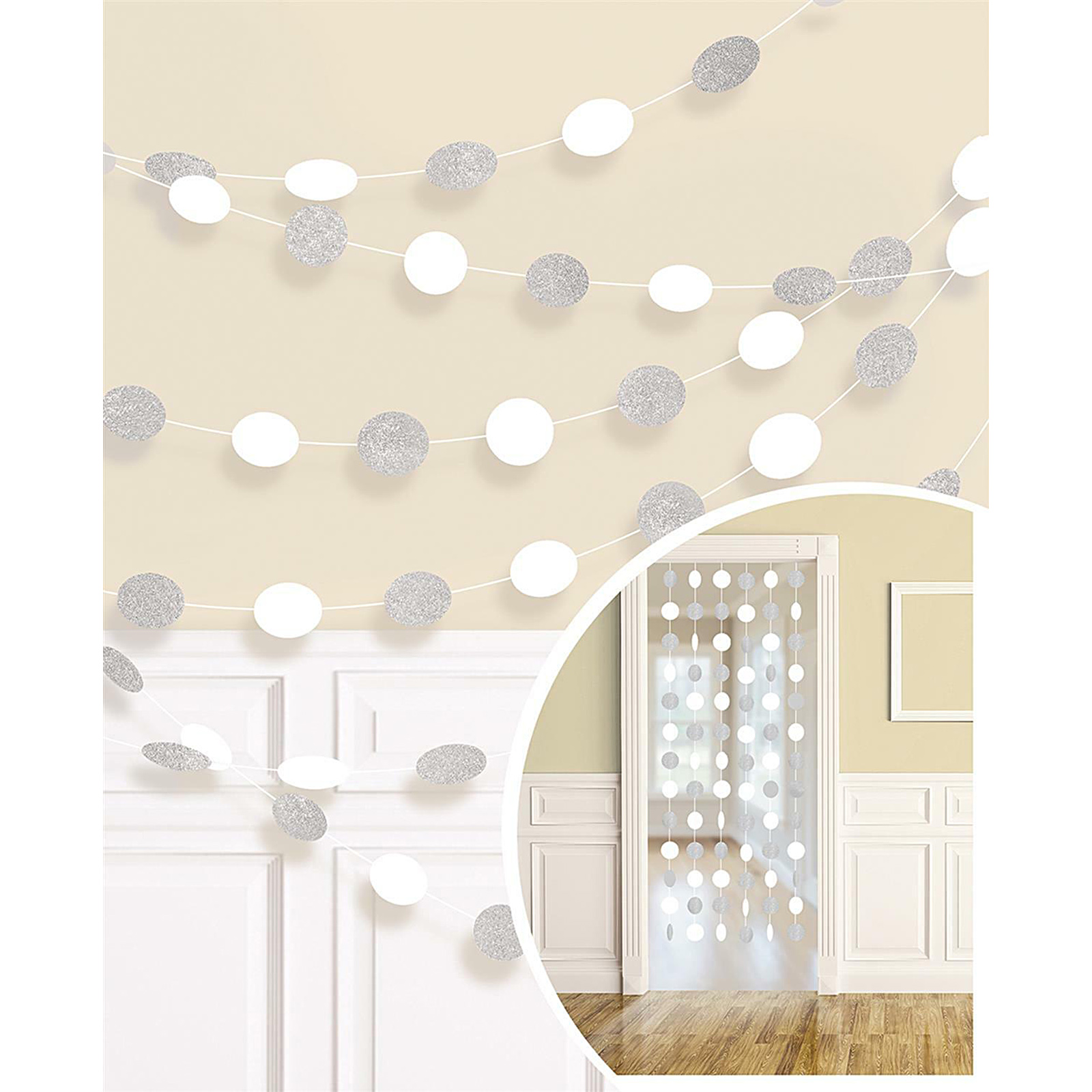 White and Silver Glitter Dot Garland String Decorations (Pack of 6 ...