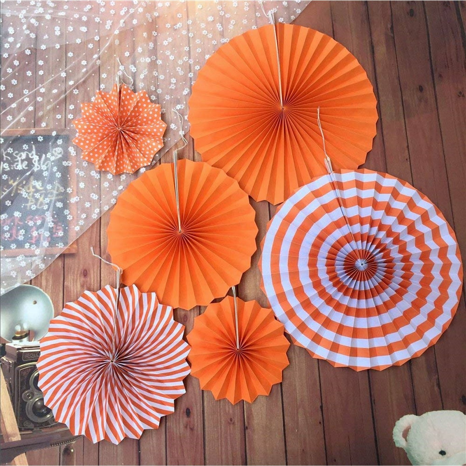 Orange Paper Fan Decorations (Pack of 6) | Orange Coloured Party ...