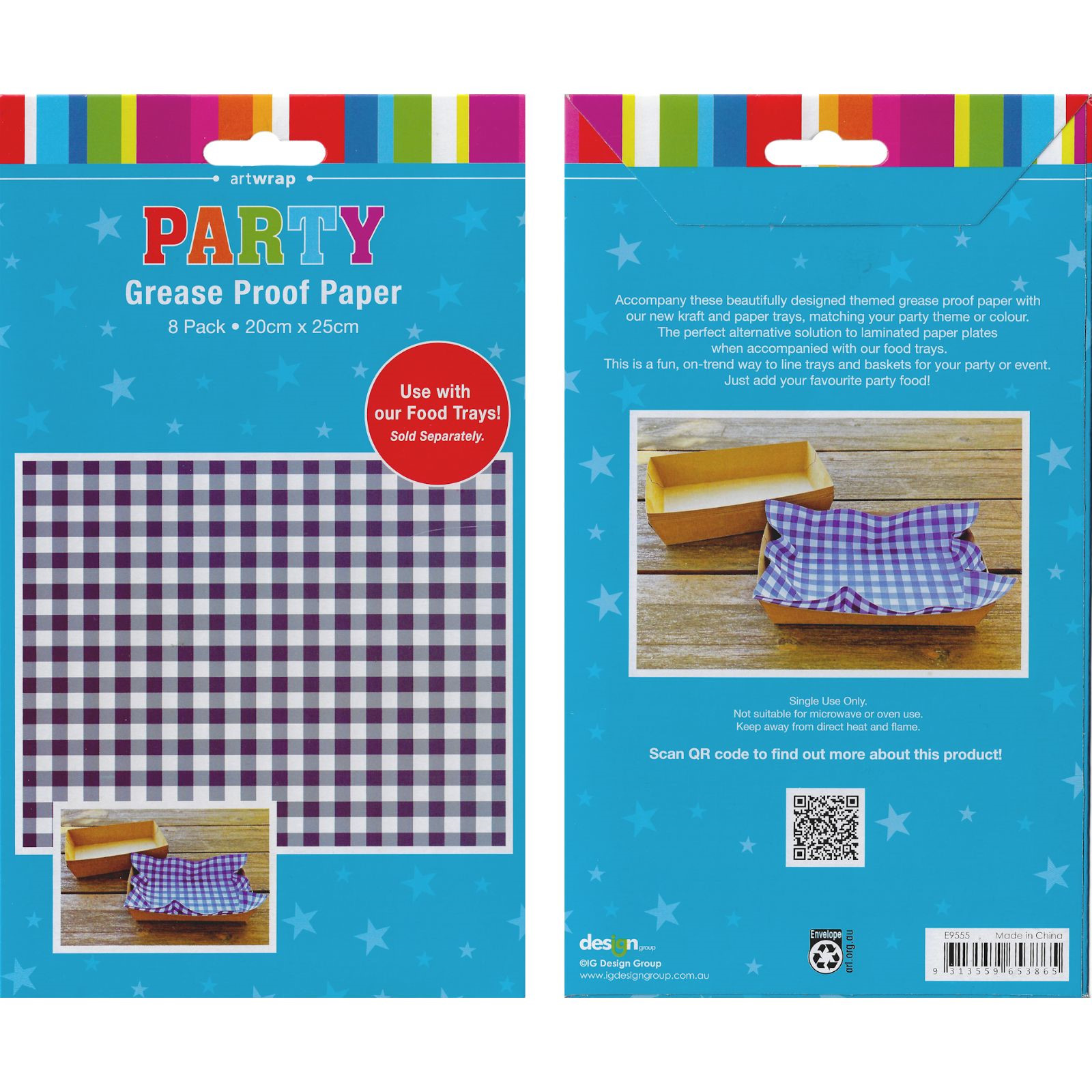 Blue Gingham Grease Proof Paper Plate / Tray Liners (8 Sheets ...