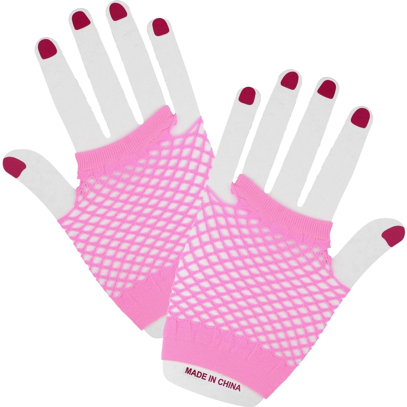 Neon Pink Short Fingerless Fishnet Gloves - Discount Party Supplies
