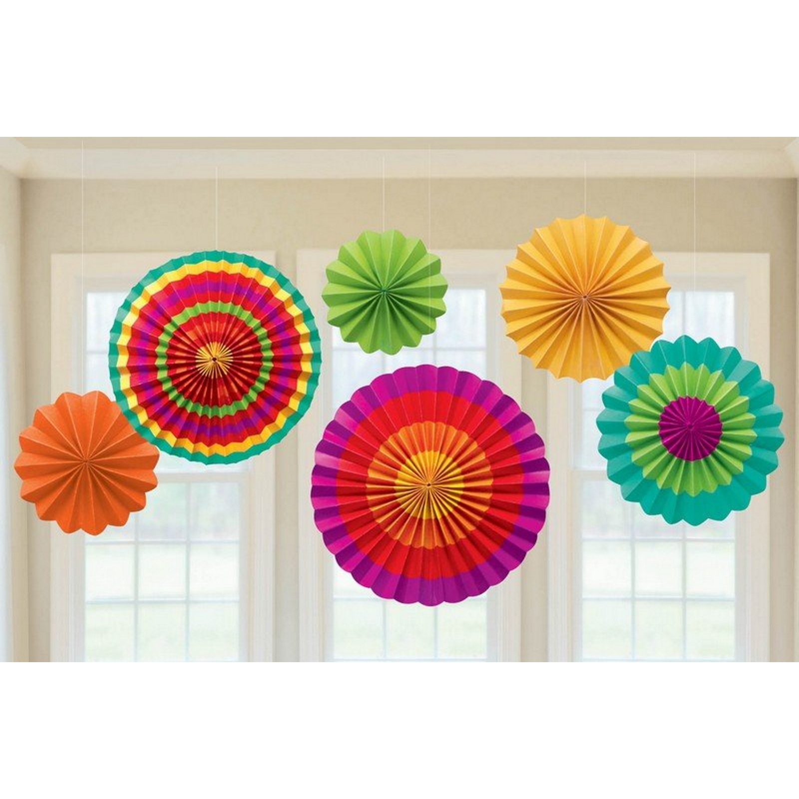 Fiesta Coloured Paper Fans (Pack of 6) - Discount Party Supplies