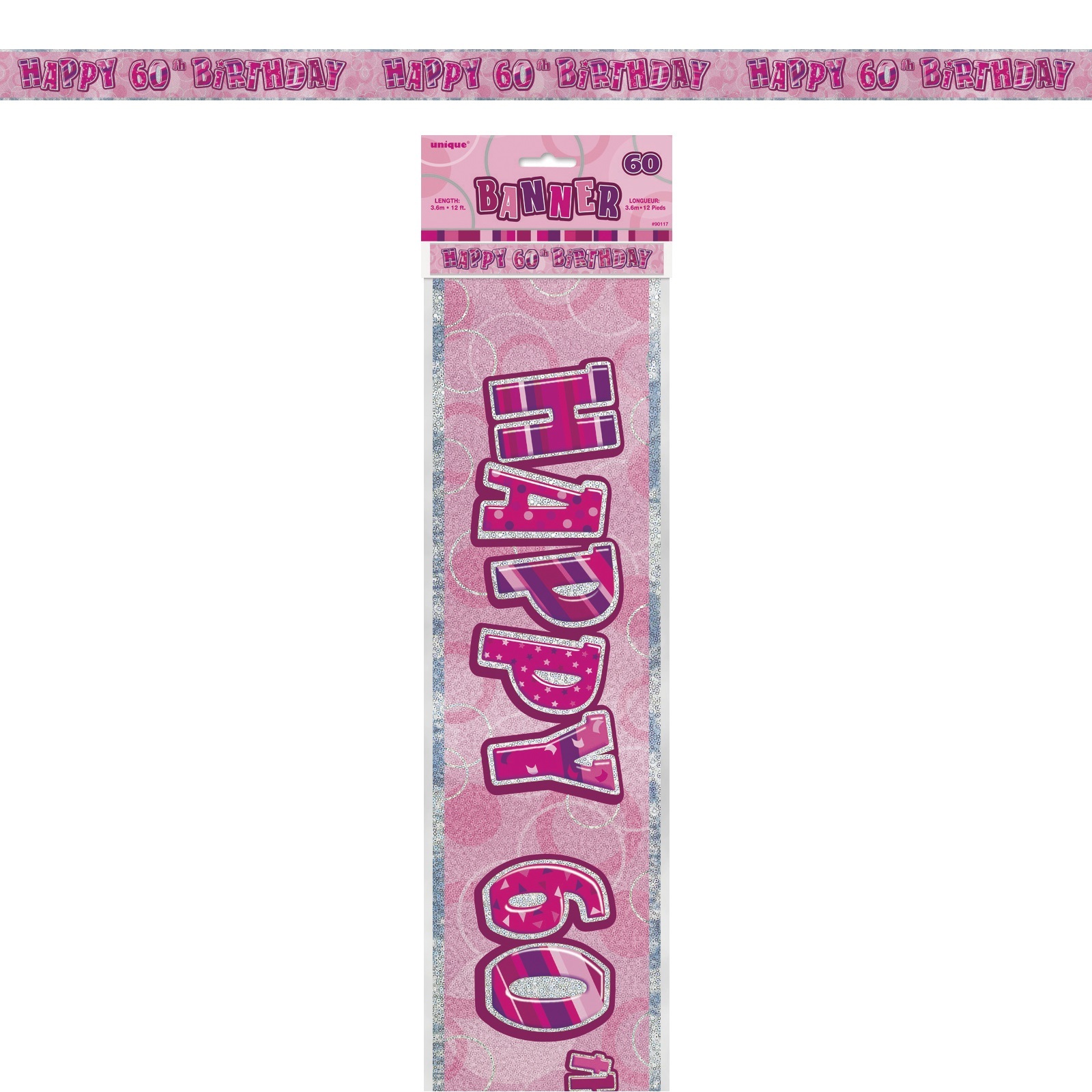 Glitz Pink & Silver Happy 60th Birthday Banner - Discount Party Supplies