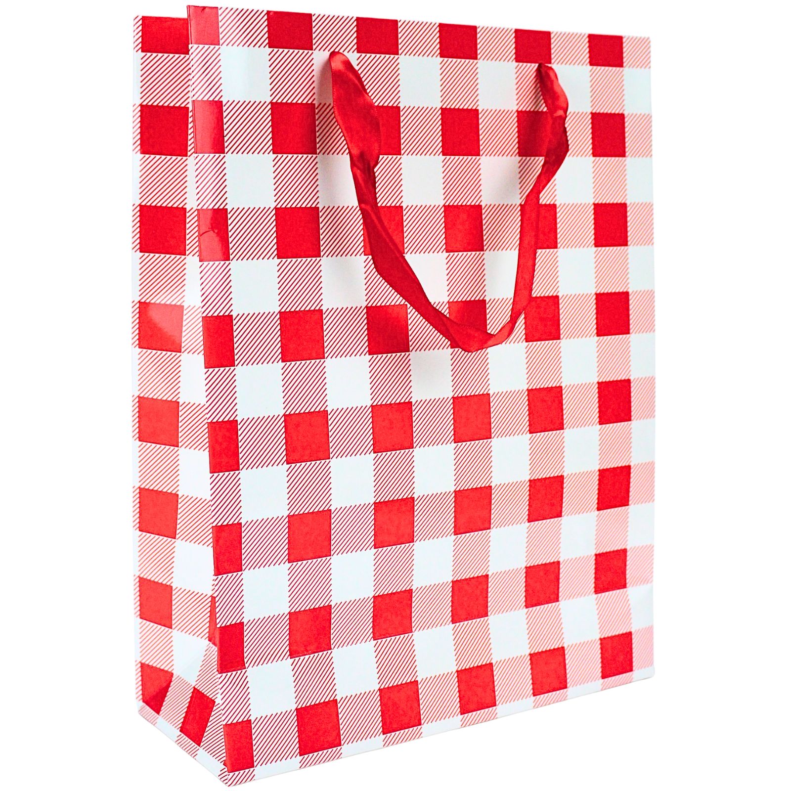 Bright Red Gingham Gift Bag 33cm - Discount Party Supplies