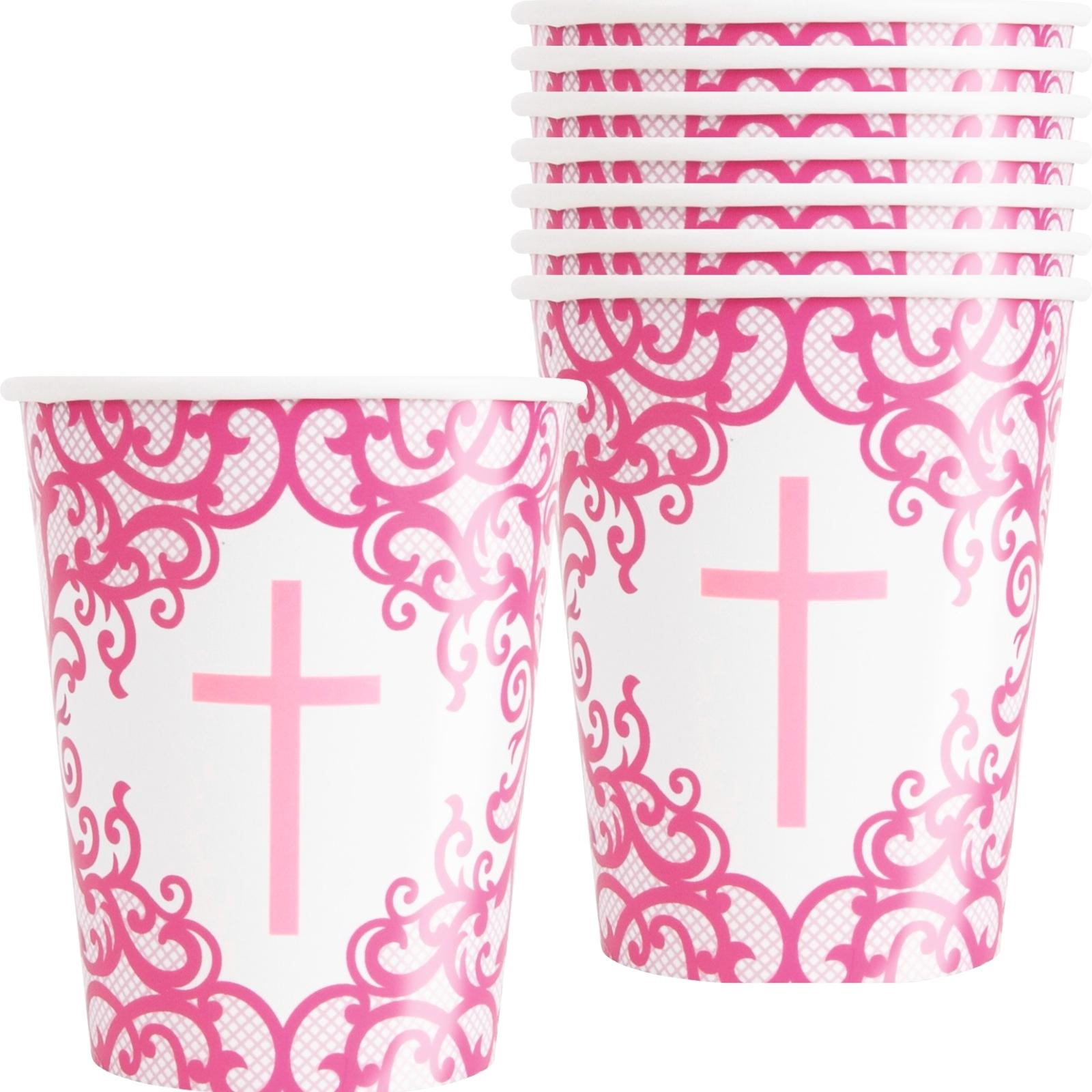 Fancy Pink Cross Paper Cups (Pack of 8) - Discount Party Supplies